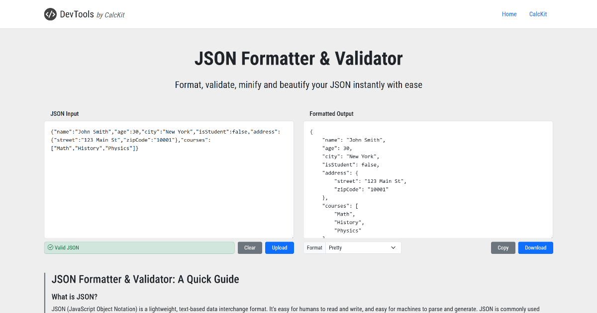 JSON Formatter & Validator - DevTools by CalcKit