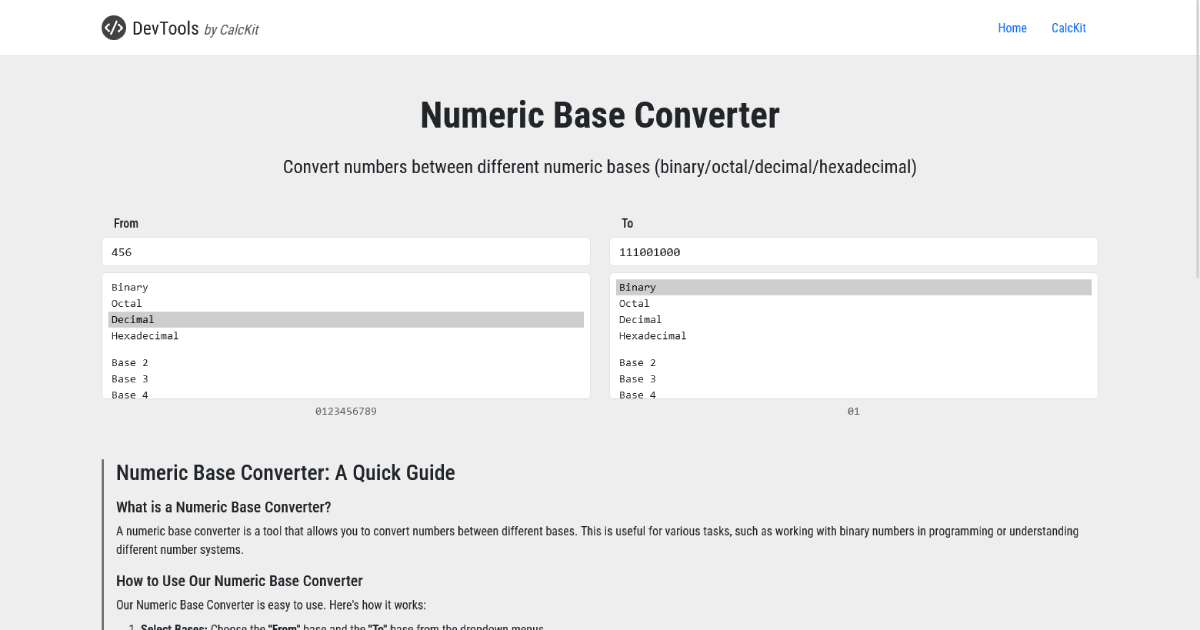 Numeric Base Converter - DevTools by CalcKit
